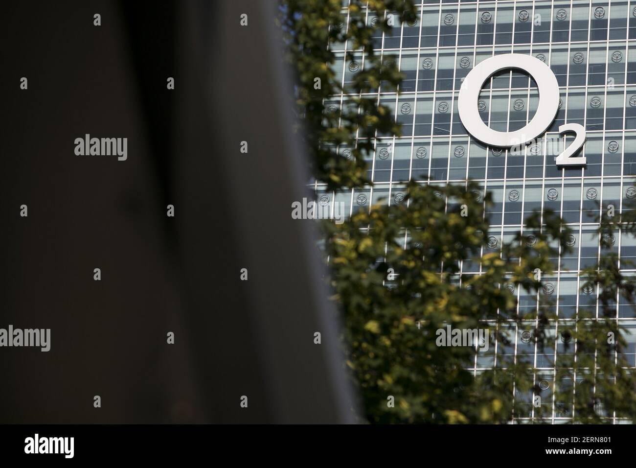A logo sign outside of a facility occupied by Telefónica Europe (O2) in ...