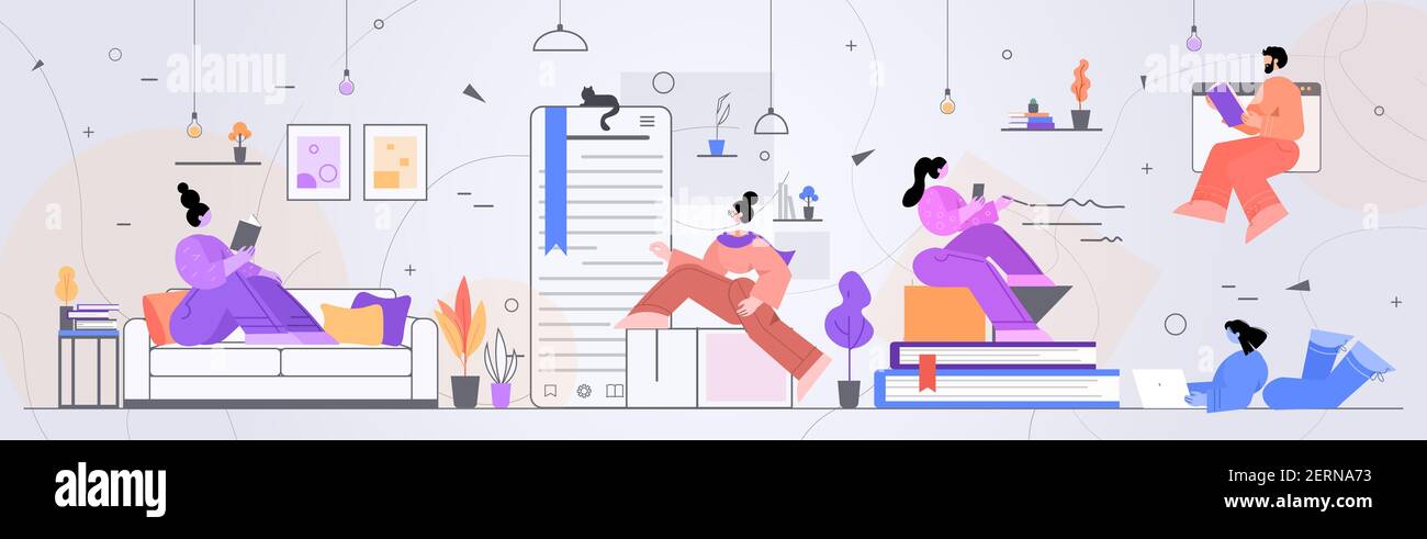 people group reading books together in book club horizontal full length ...