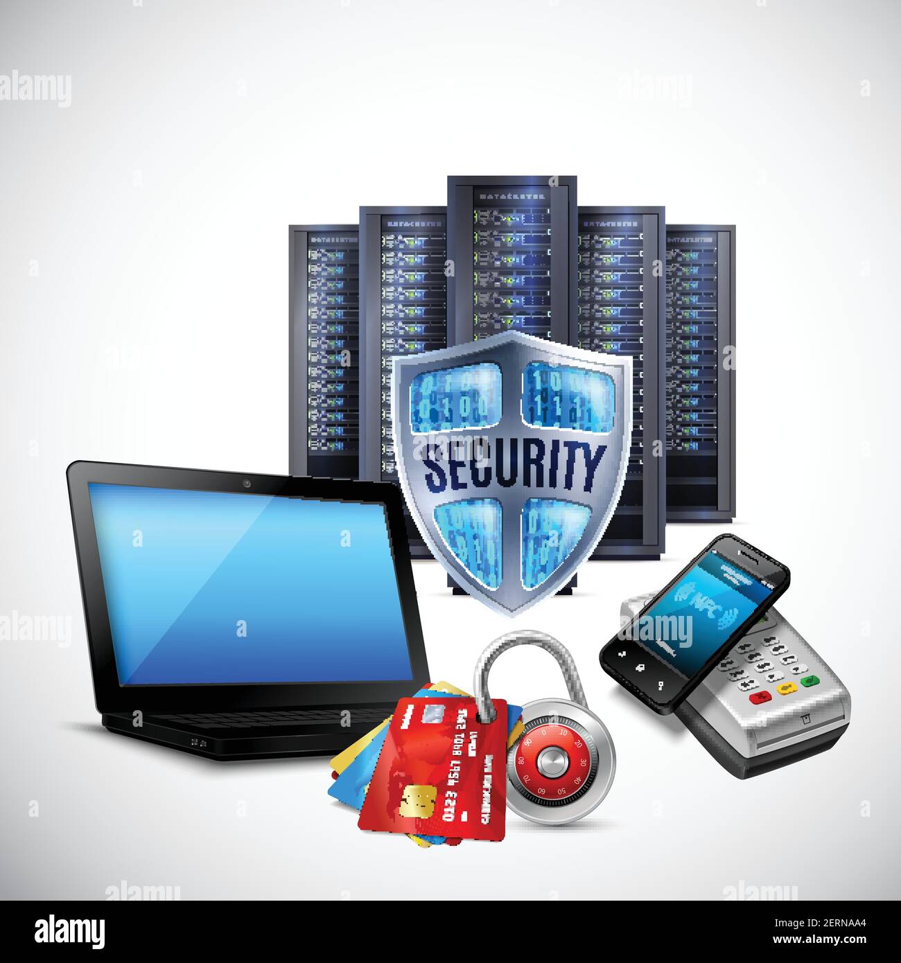 Payment security realistic composition with server equipment banking ...
