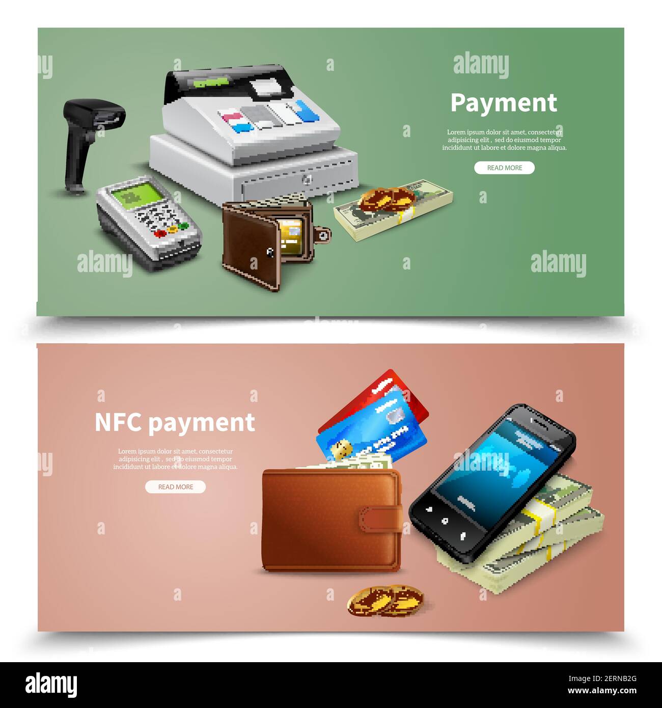 Set of horizontal banners realistic financial equipment with money and ...