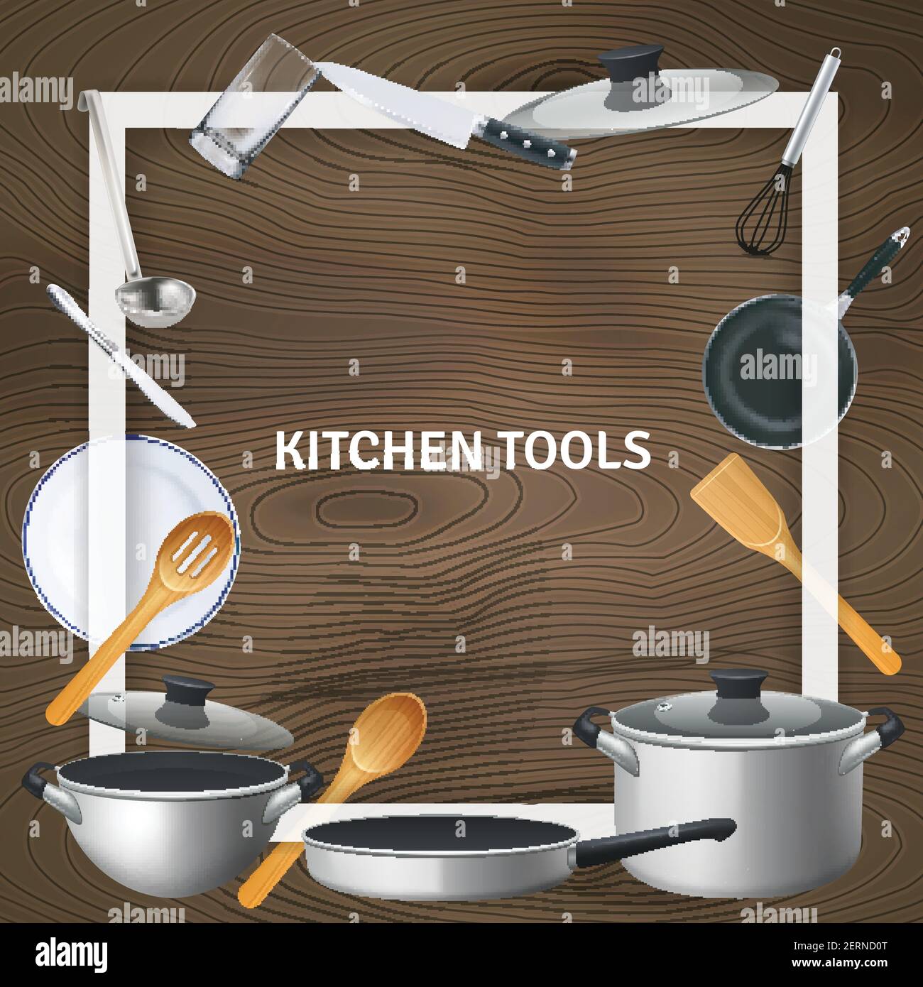 White decorative square frame with realistic kitchen tools on wooden ...