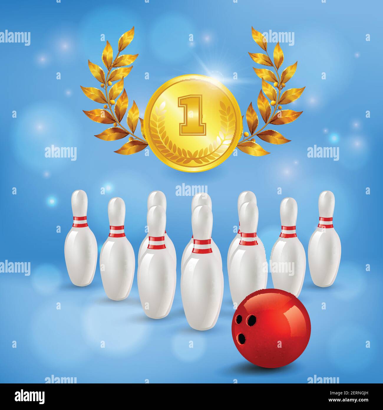 Bowling victory 3d composition golden medal with laurels pins and ball ...