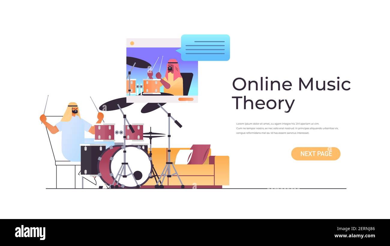 arab man playing drums while watching video lessons with arabic teacher ...