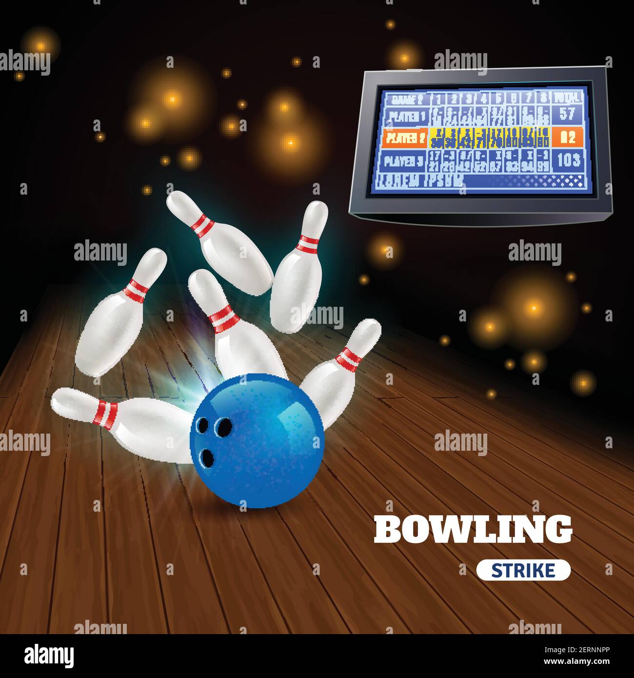 Bowling strike 3d composition with hitting blue ball on pins and ...