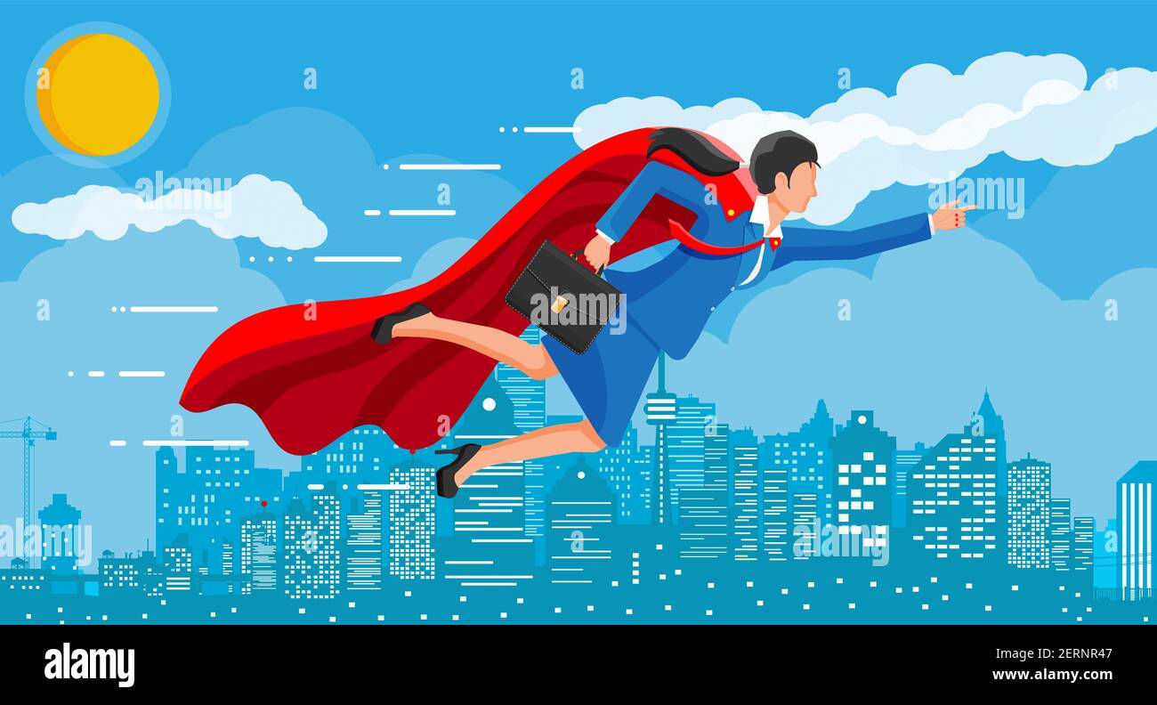 Superhero businesswoman flying over cityscape in sky. Business woman in ...