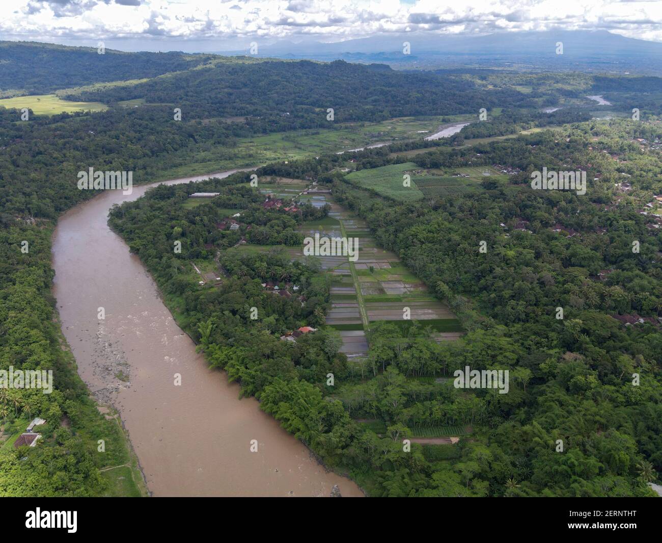 Aerial view of the Progo river in Yogyakarta. beautiful tropical ...
