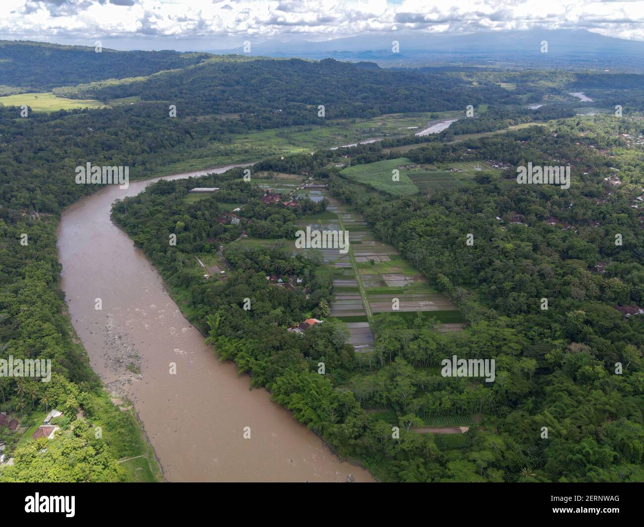 Aerial view of the Progo river in Yogyakarta. beautiful tropical ...