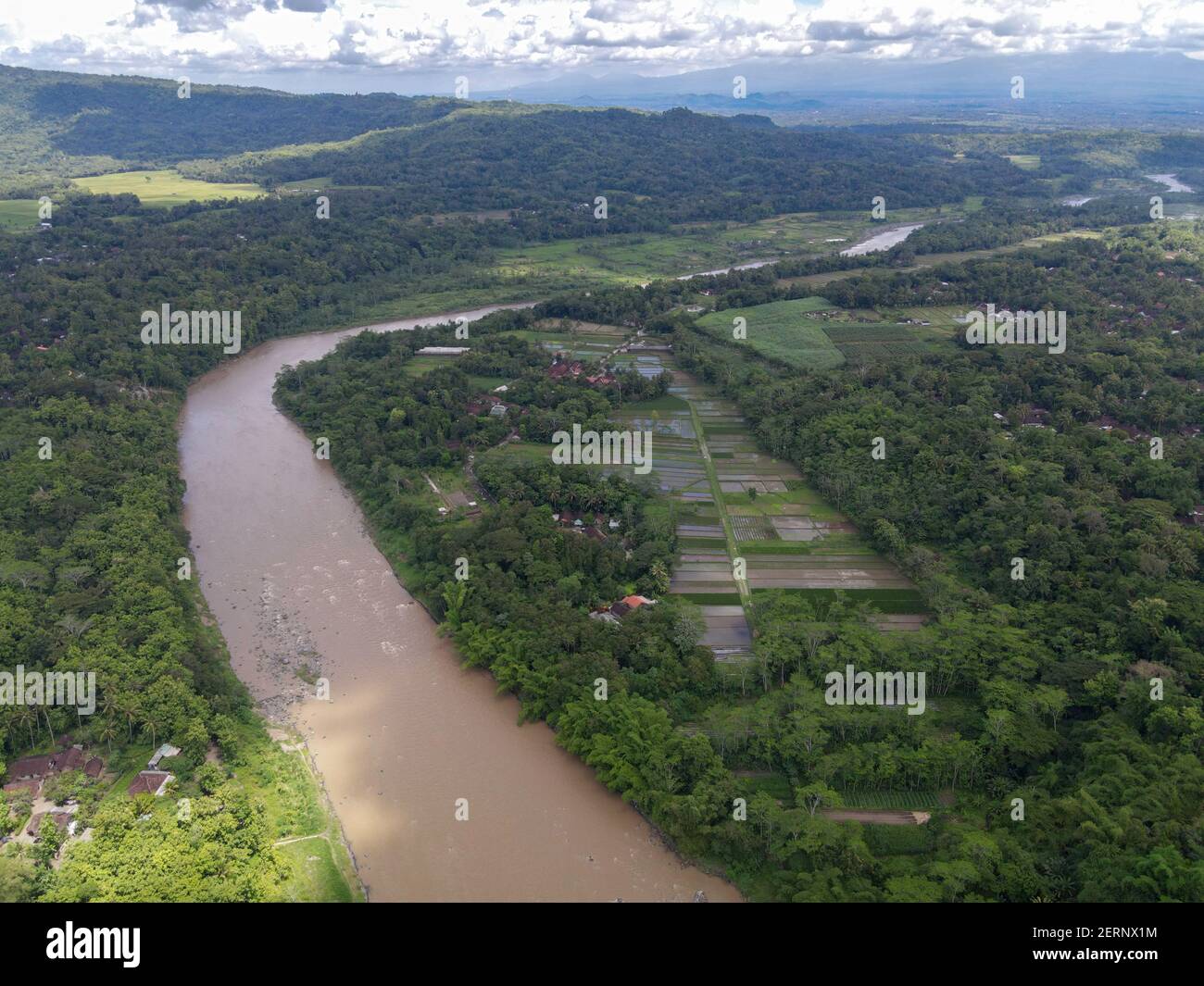 Aerial view of the Progo river in Yogyakarta. beautiful tropical ...