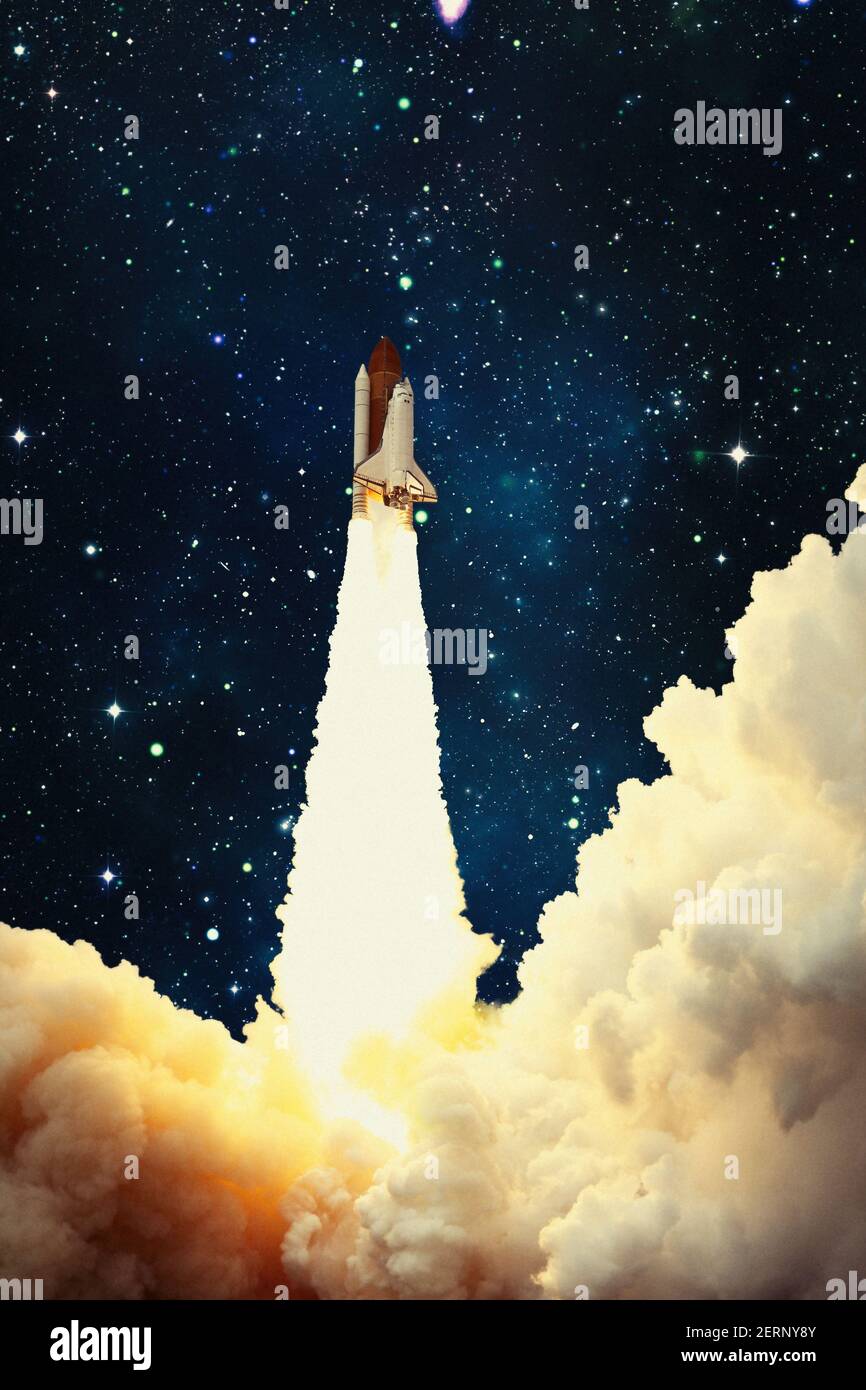 Rockets launch into space on the starry sky. Rocket starts into space ...