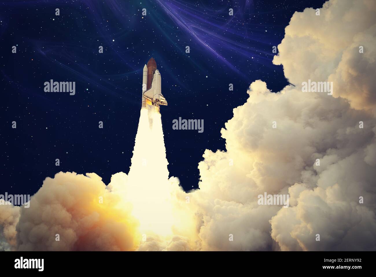 Rockets launch into space on the starry sky. Rocket starts into space ...