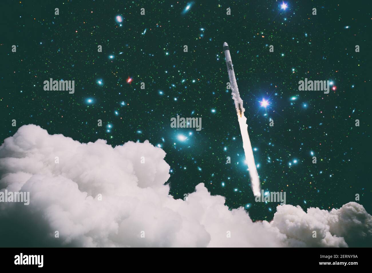 Rockets launch into space on the starry sky. Rocket starts into space ...