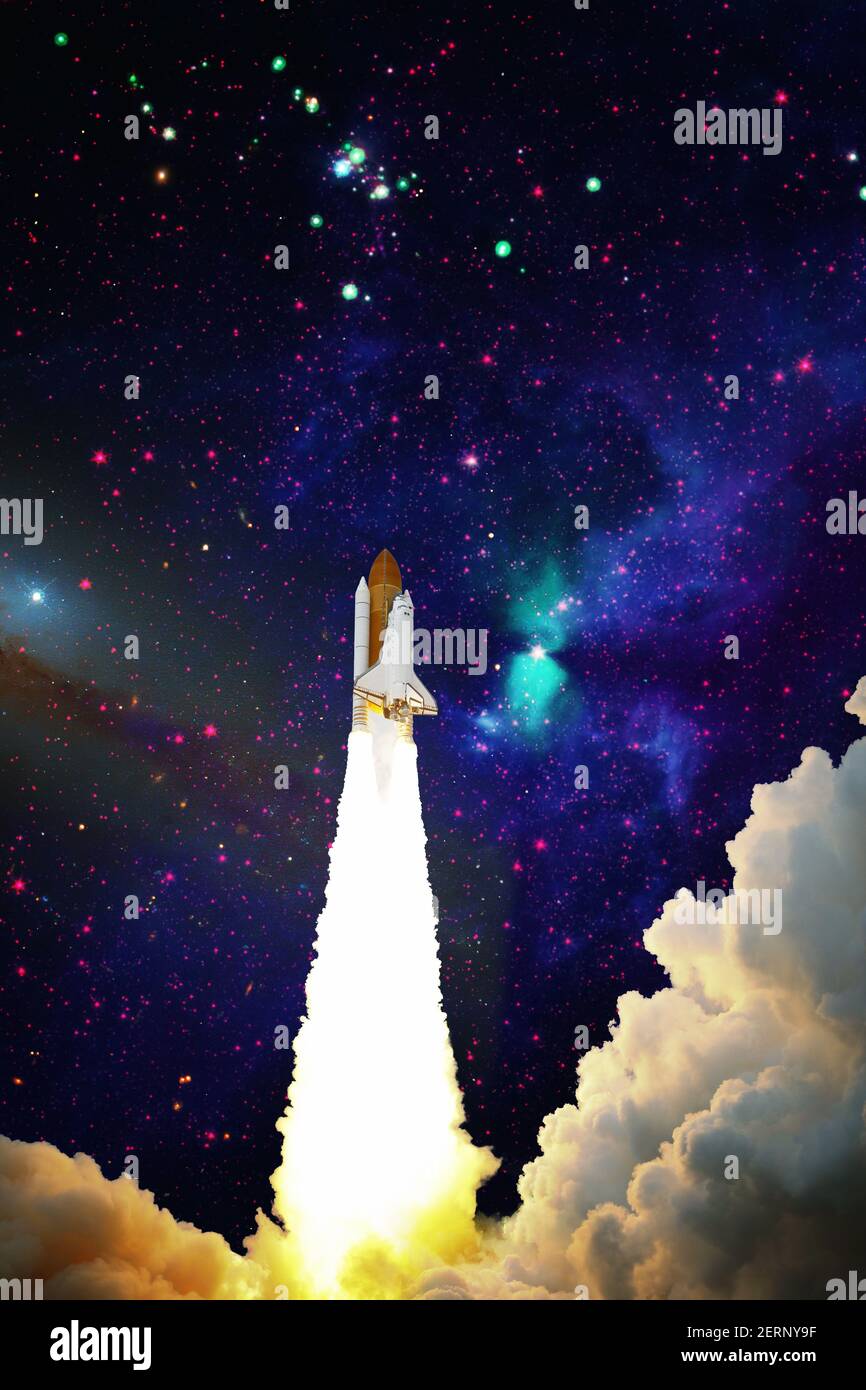 Rockets launch into space on the starry sky. Rocket starts into space ...