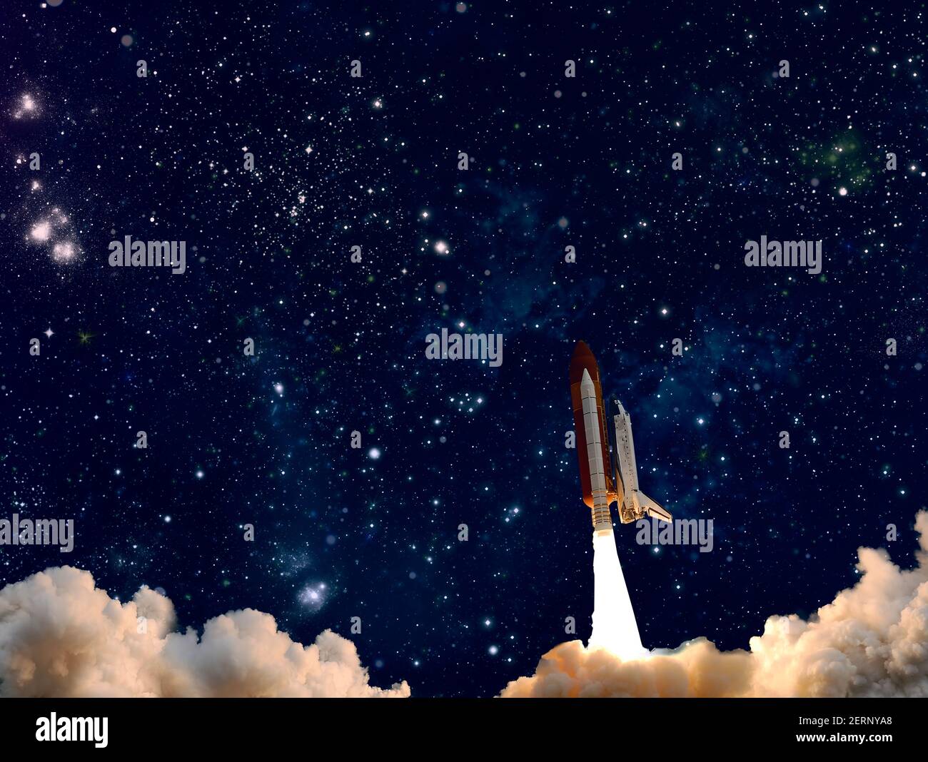 Rocket launch. Rocket with smoke flies into space. Space Shuttle ...