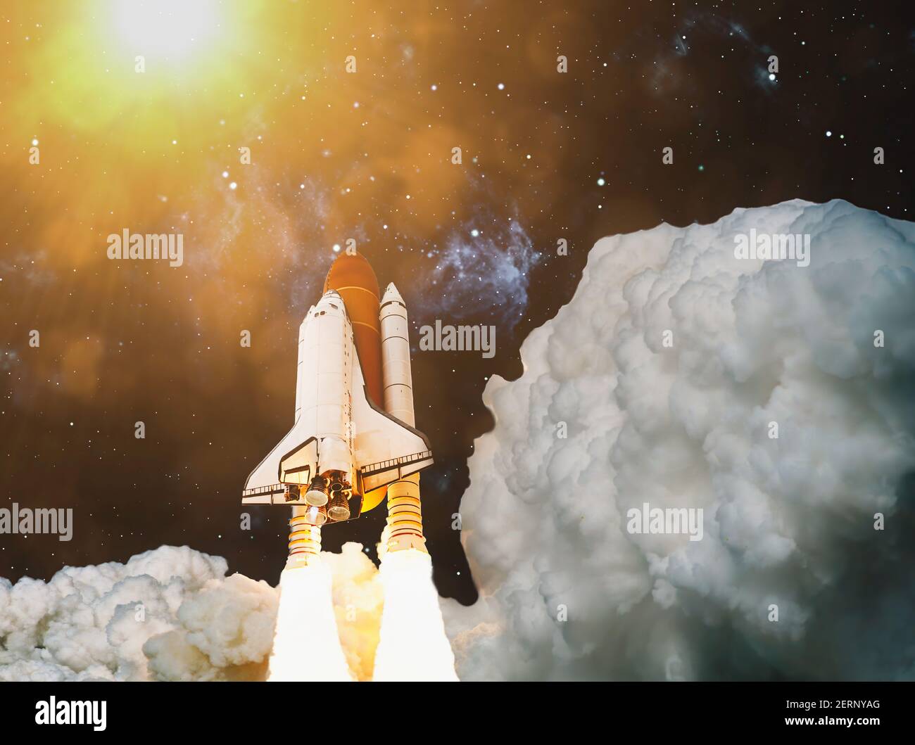 Spaceship takes off into the starry sky. Launch of Space . Elements of ...