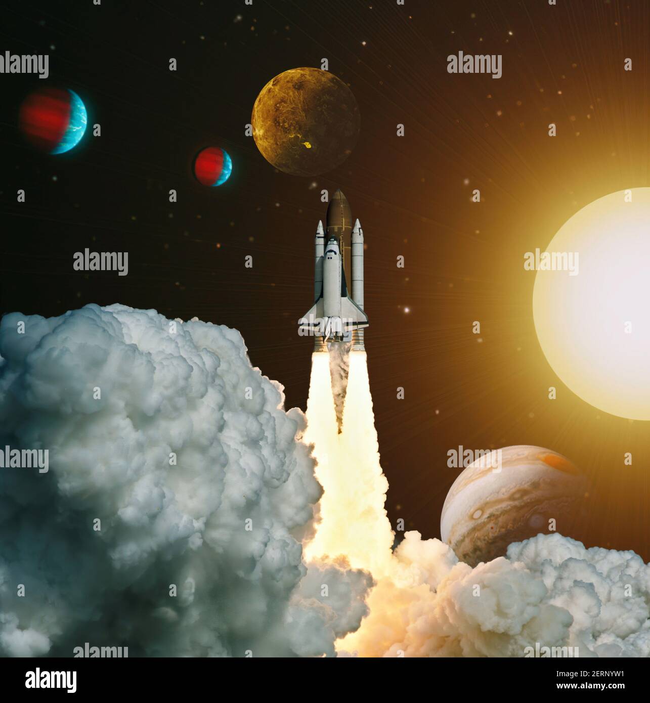 Rocket starts into space. Launch of Space,Spaceship takes off into the ...