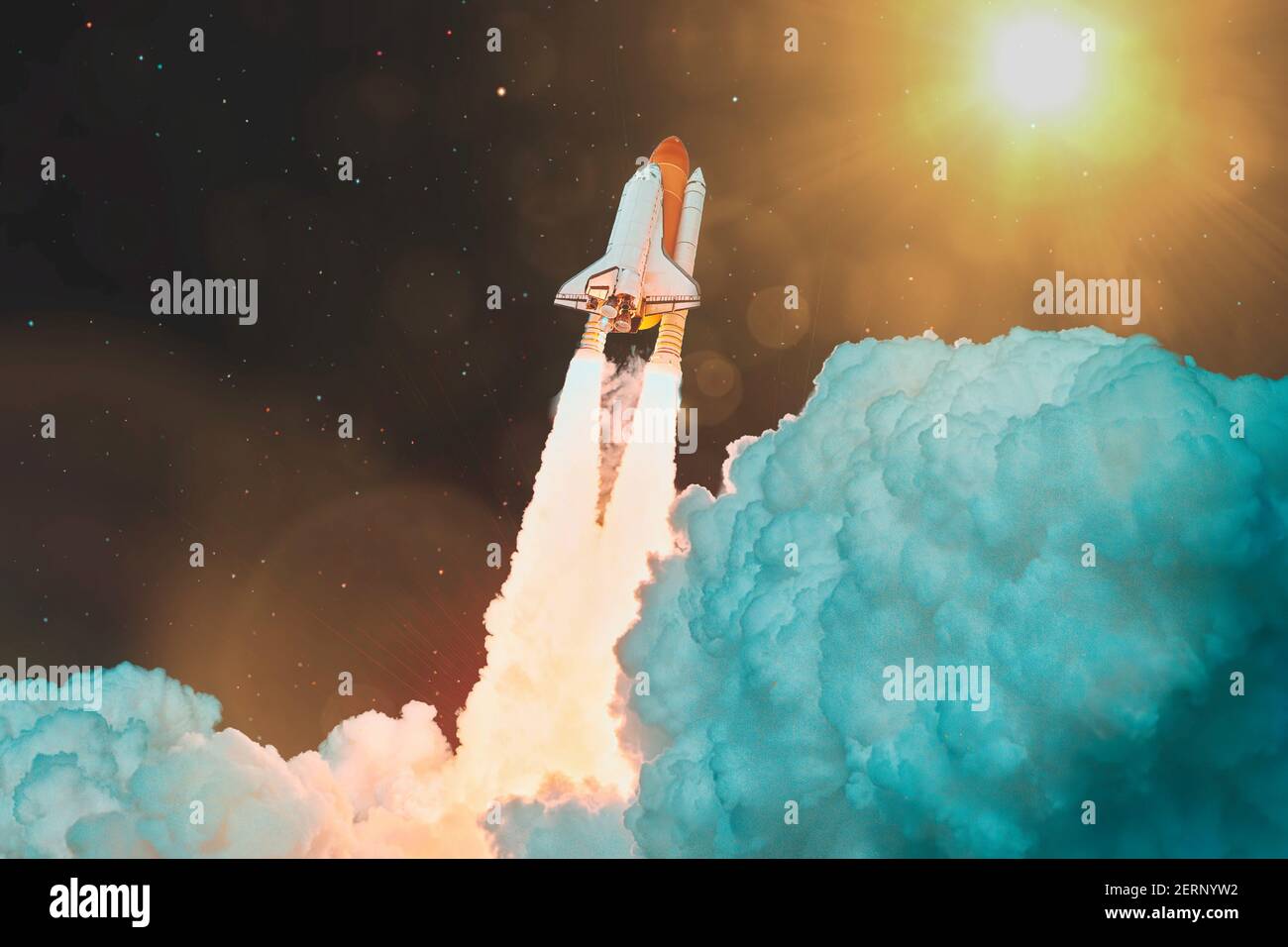 Rocket starts into space. Launch of Space,Spaceship takes off into the ...