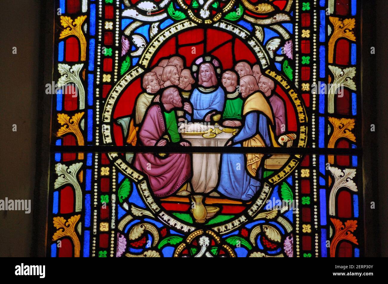 Victorian stained glass window depicting the Last Supper. Window ...