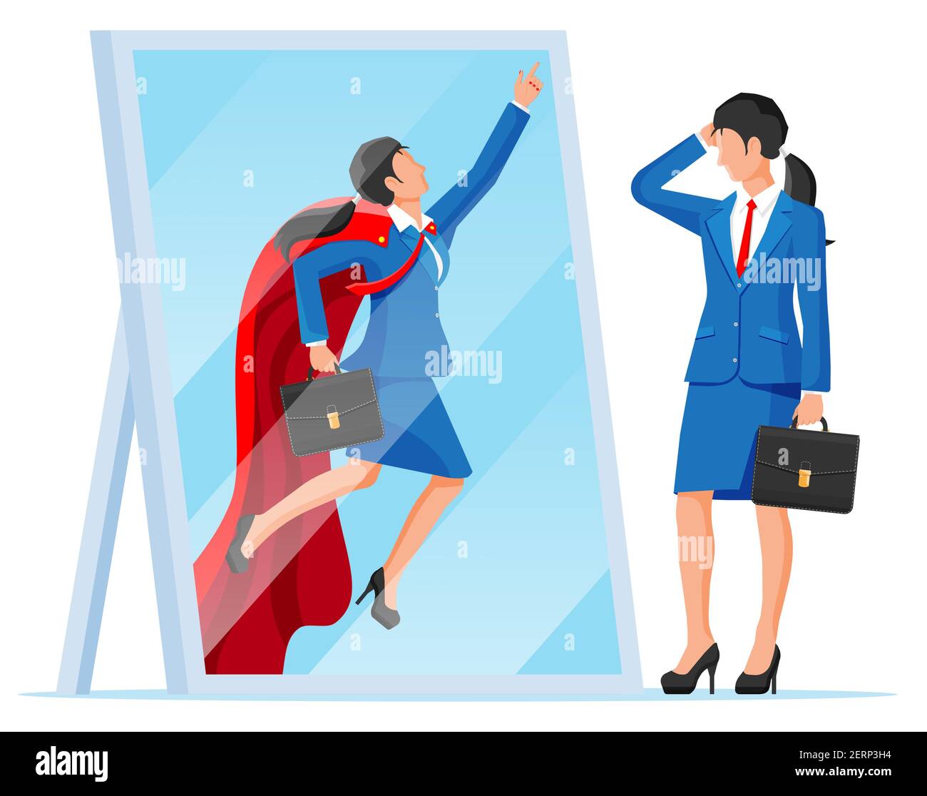Businesswoman facing herself as superhero in mirror. Business ambition ...