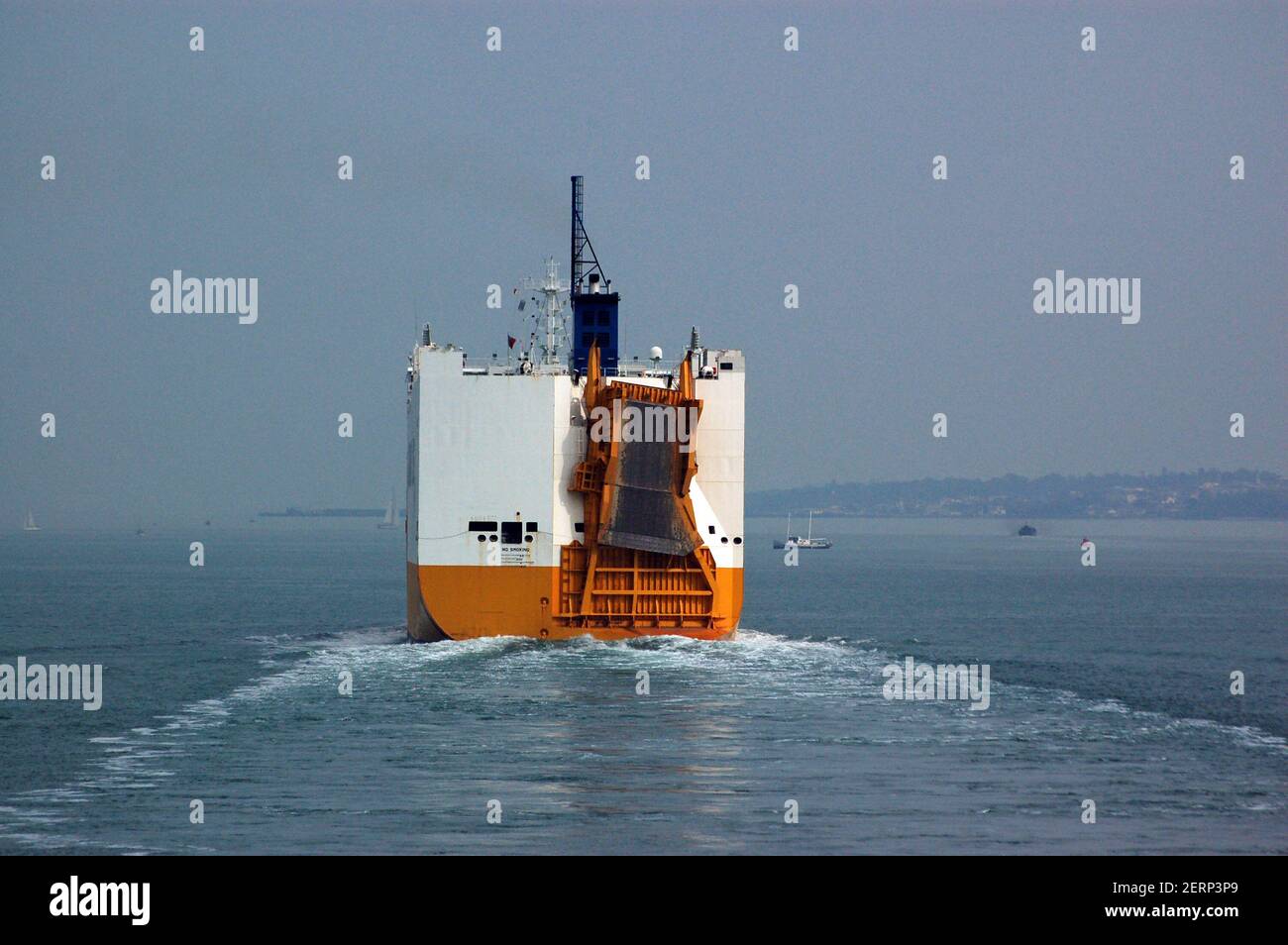 The rear of a large container ship in the English channel. Identifying ...