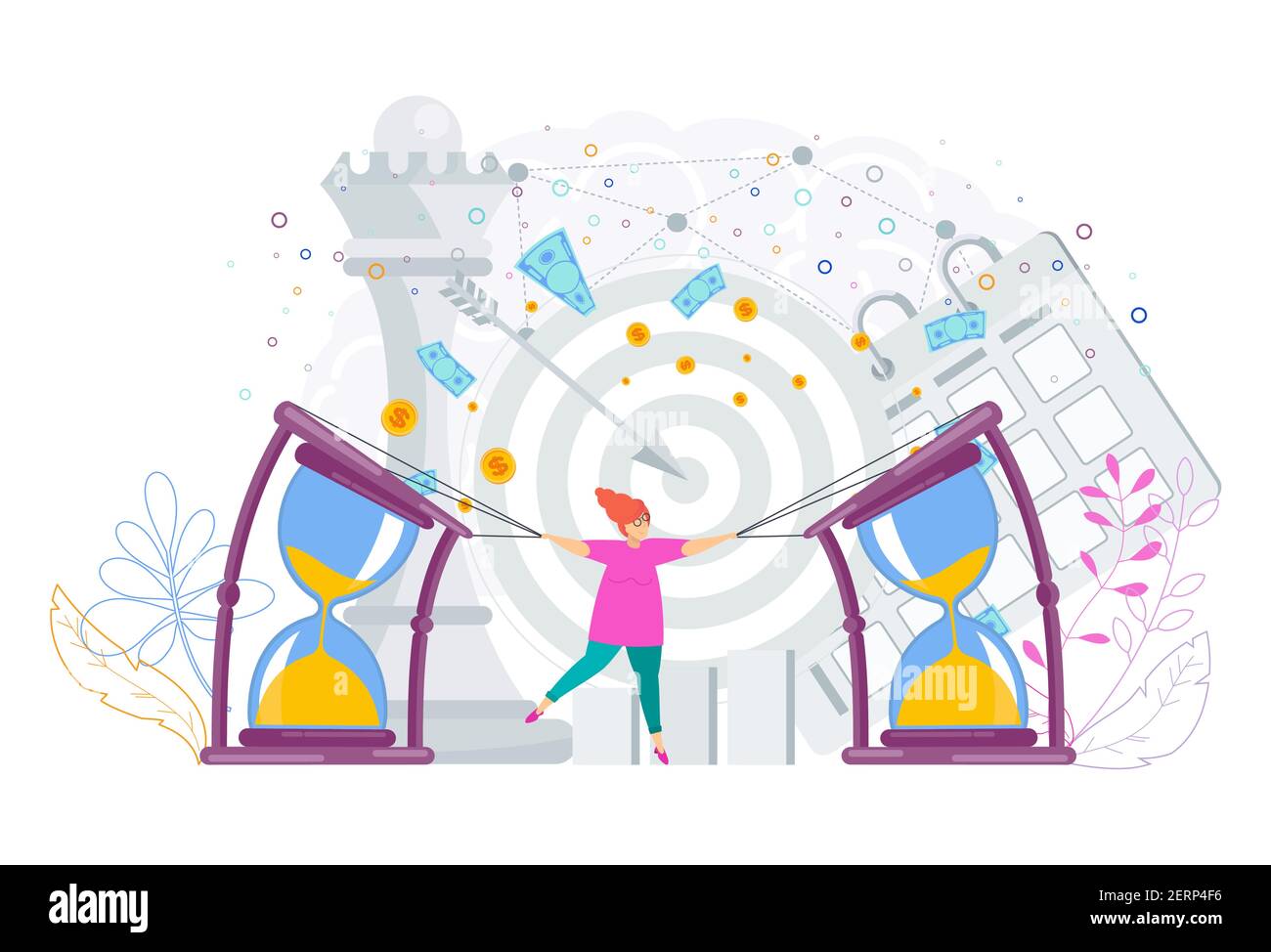 Small man bends a big hourglass. Flexible schedule concept Stock Vector ...