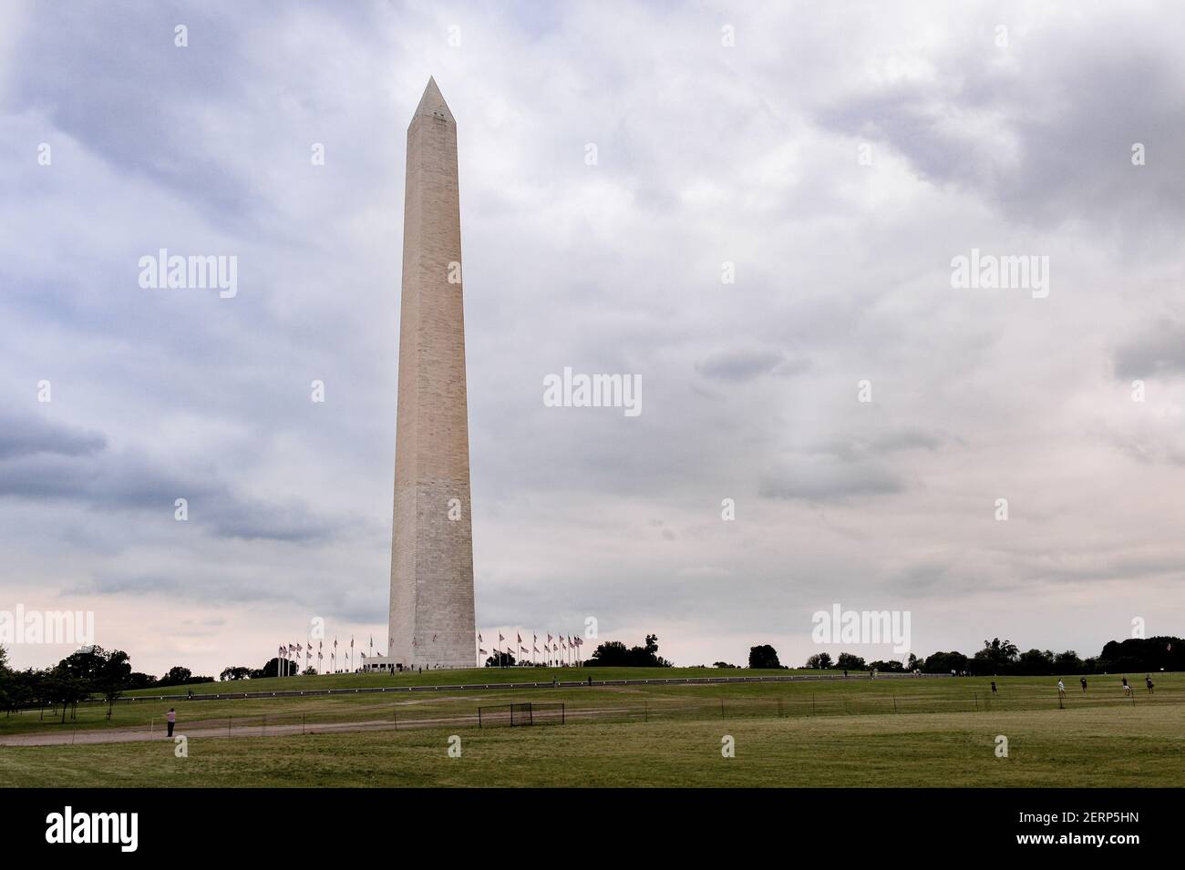 The Washington National Monument with U.S. flags in front the obelisk ...