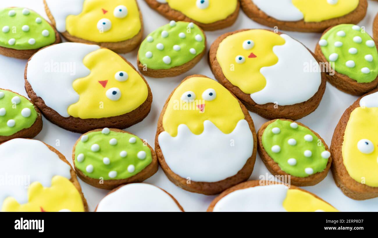 Easter background with funny sugar biscuits. Cute chickens in the ...