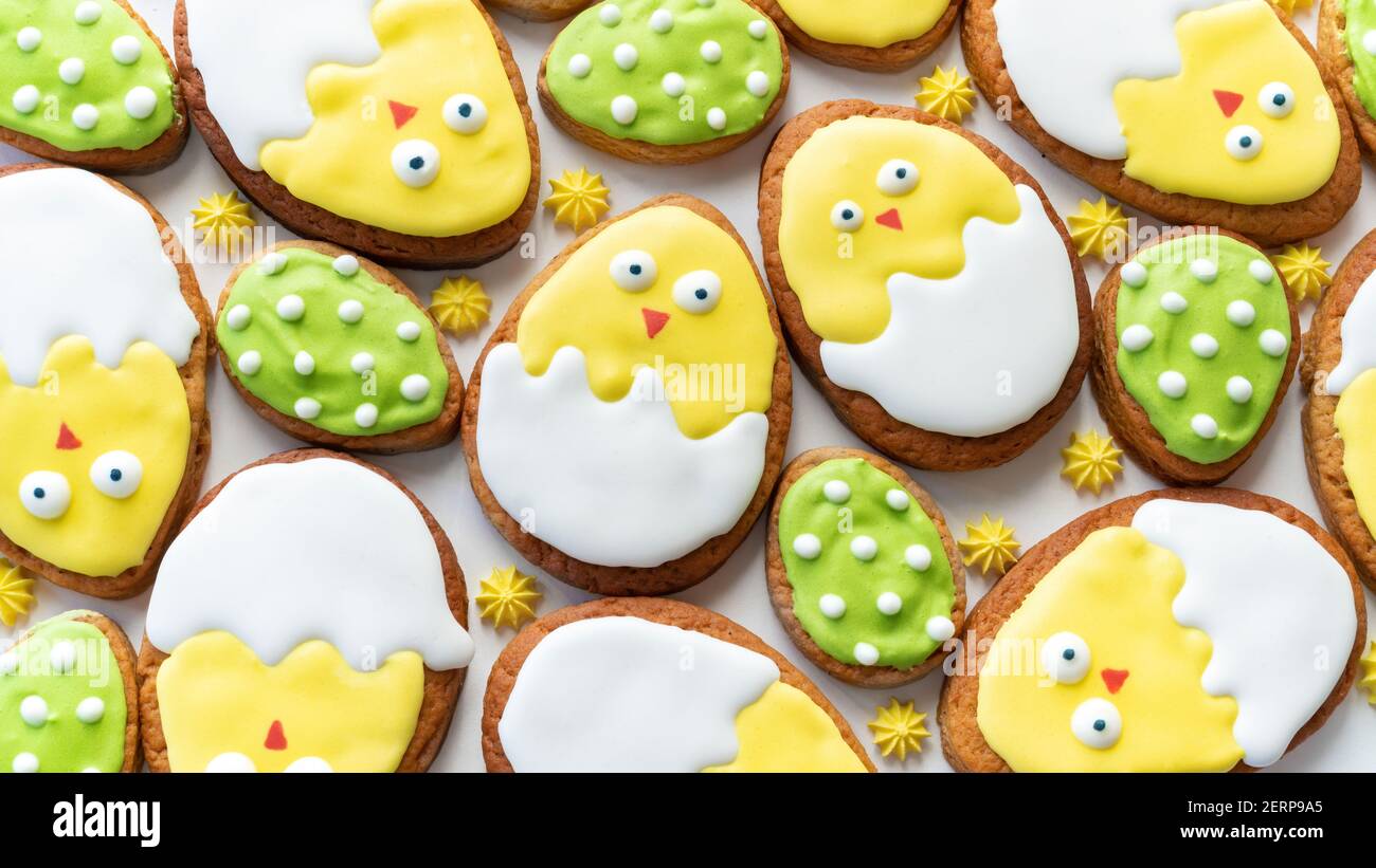 Easter sugar cookies backgrounds. Nice baked biscuits iced with bright ...