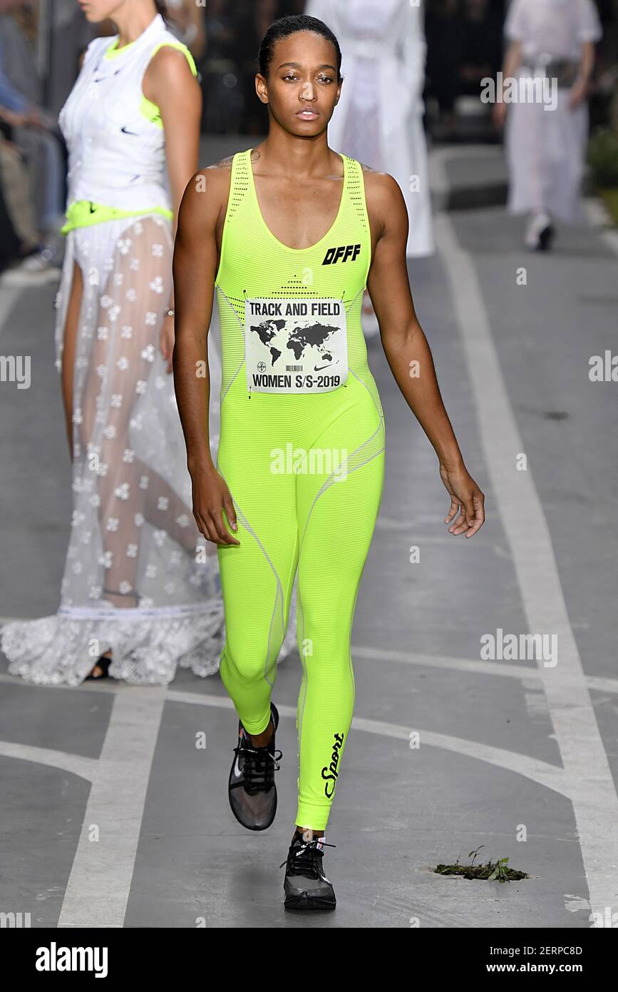 American track and field sprinter English Gardner walks on the runway ...