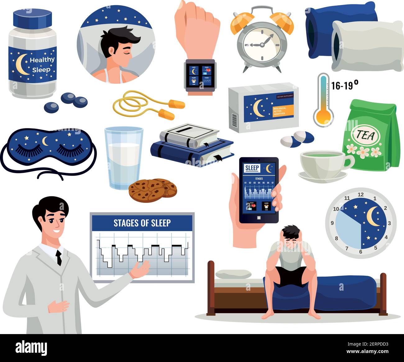 Healthy sleep decorative icons set of alarm night mask doctor showing ...