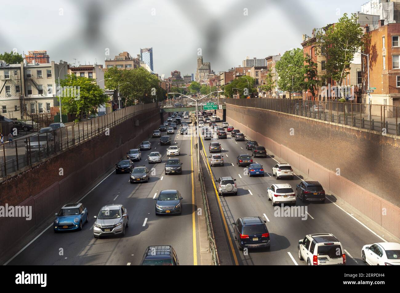 The busy Brooklyn Queens Expressway (BQE) in New York seen from through ...