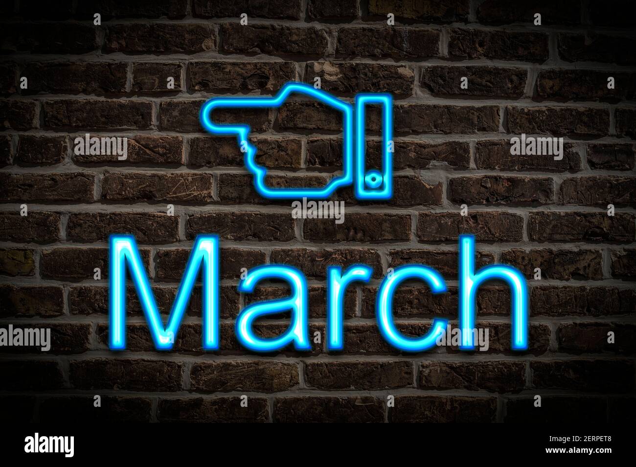 Detail photo of a neon sign on a wall with the inscription March Stock ...