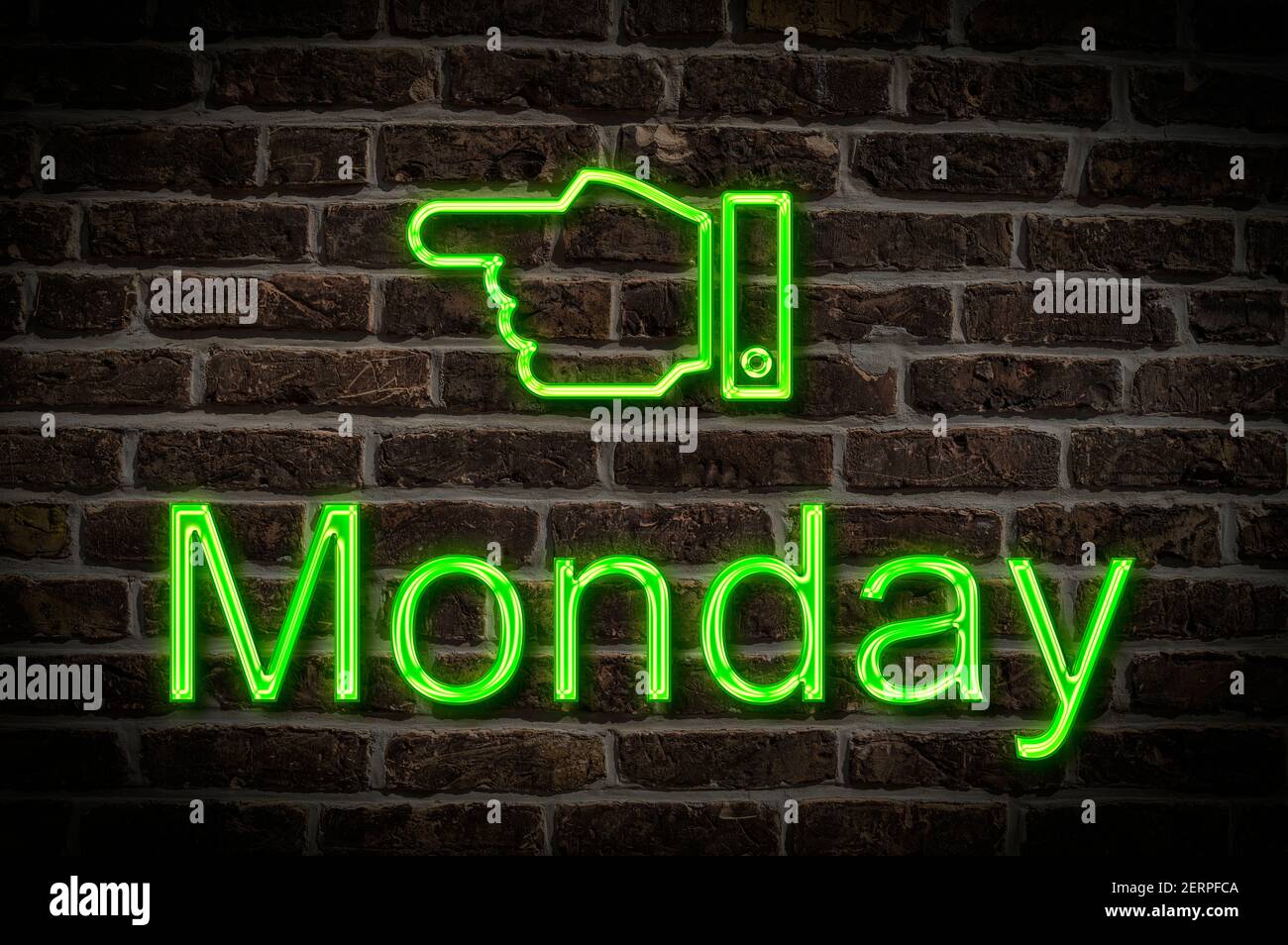 Detail photo of a neon sign on a wall with the inscription Monday Stock ...