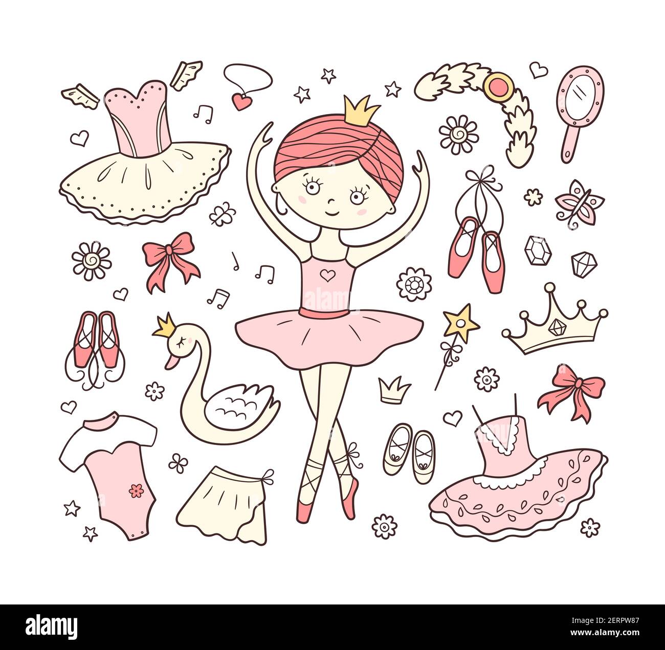 Little ballerina and a set of ballet accessories. Hand drawn tutu ...