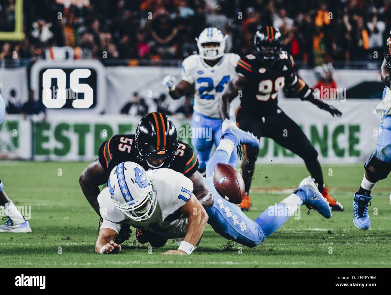 September 27, 2018: Shaquille.Quarterman #55 of Miami causes Nathan ...