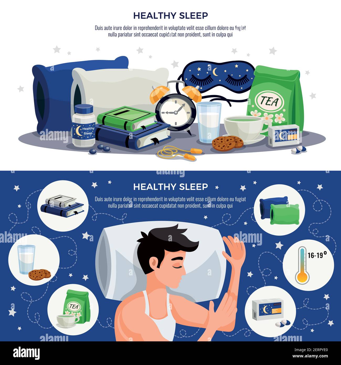 Healthy sleep horizontal banners with young man sleeping on orthopedic ...