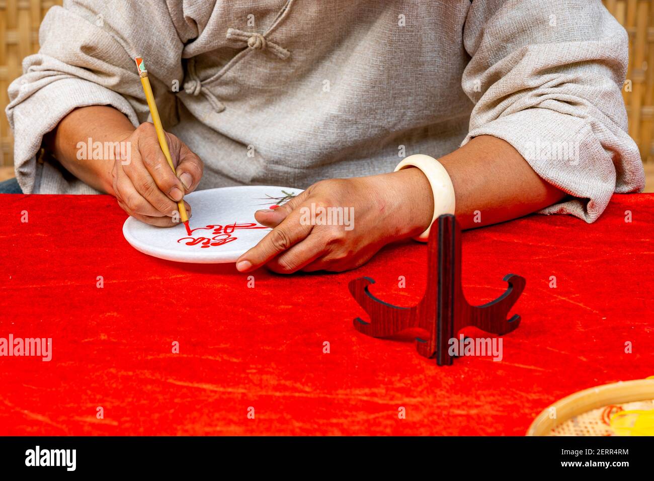 Close up photo of human hand writing by calligraphy brush pen Stock ...