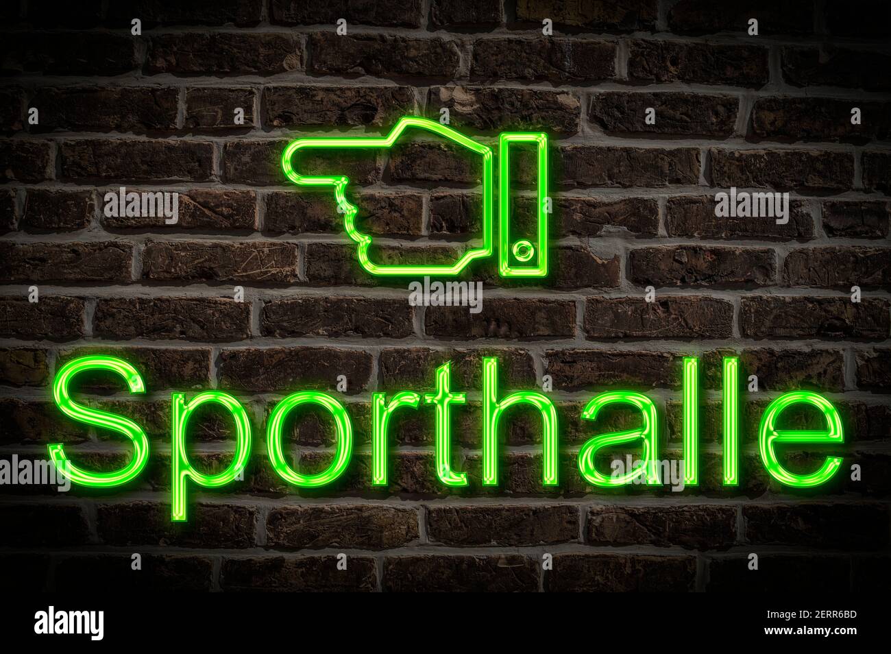 Detail photo of a neon sign on a wall with the inscription Sporthalle ...
