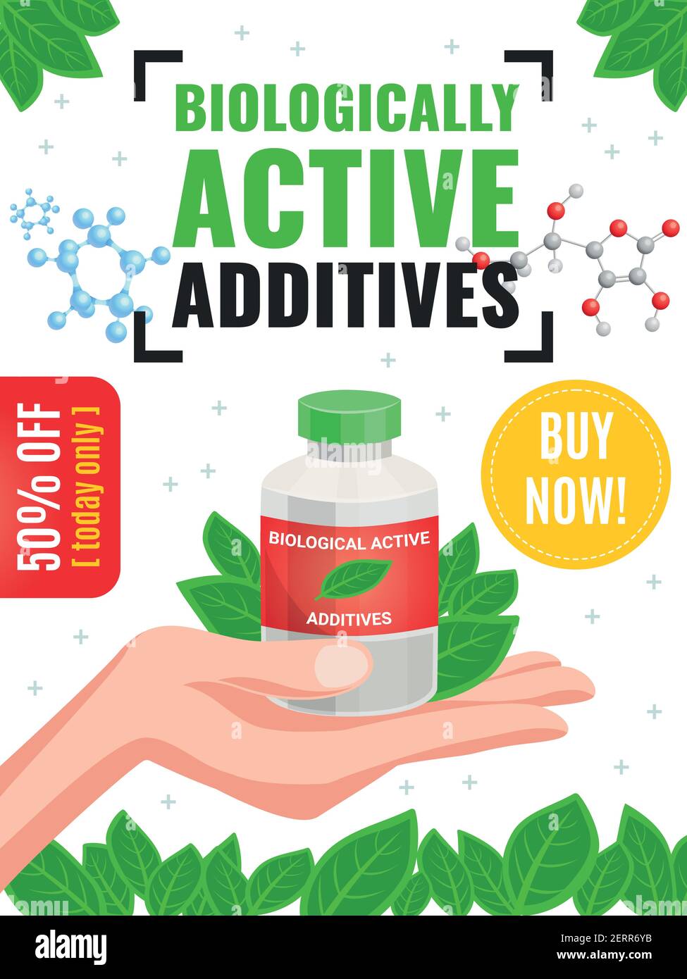 Biological active additives advertising poster with 50 percent off ...