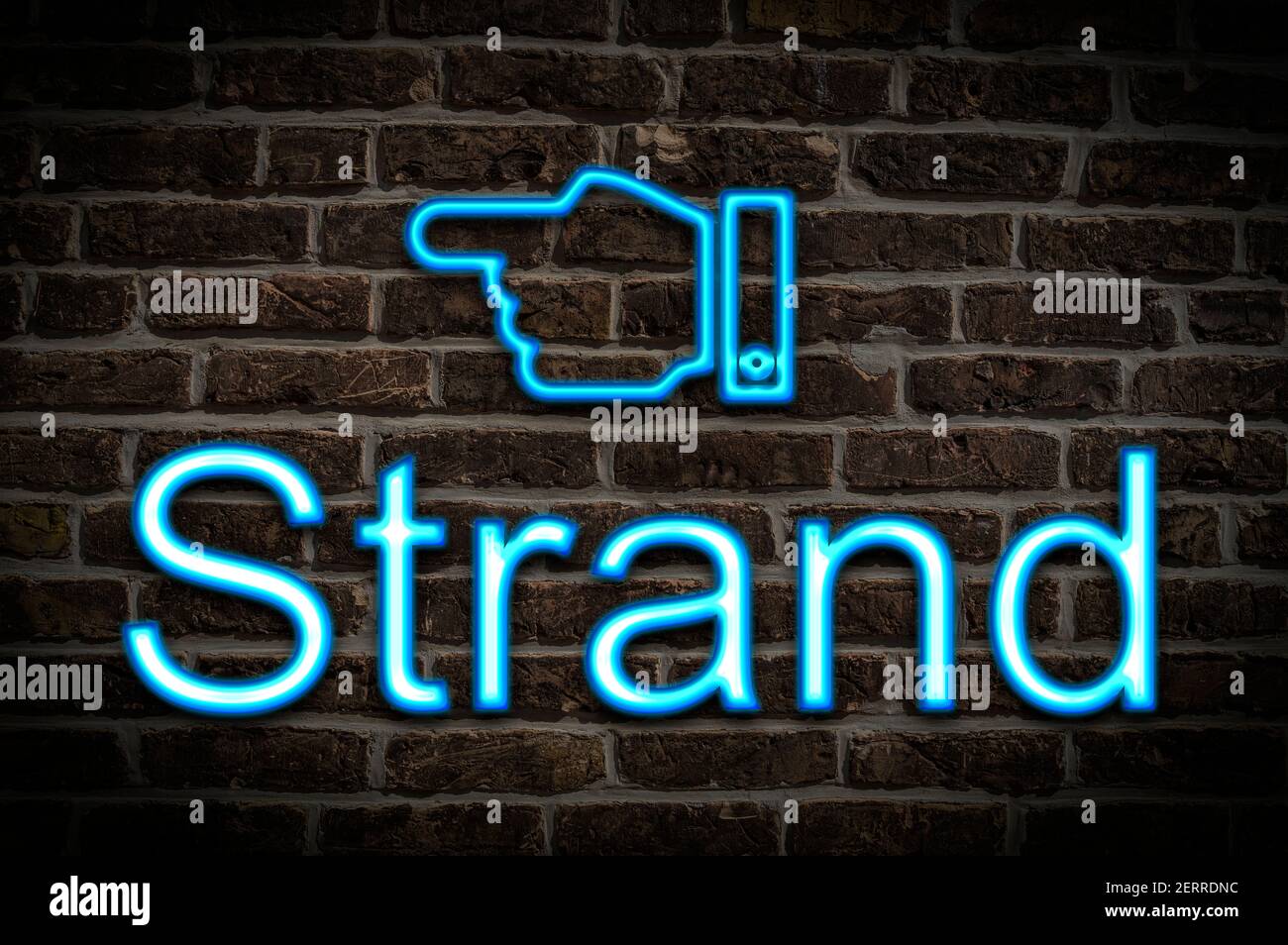 Detail photo of a neon sign on a wall with the inscription Strand ...