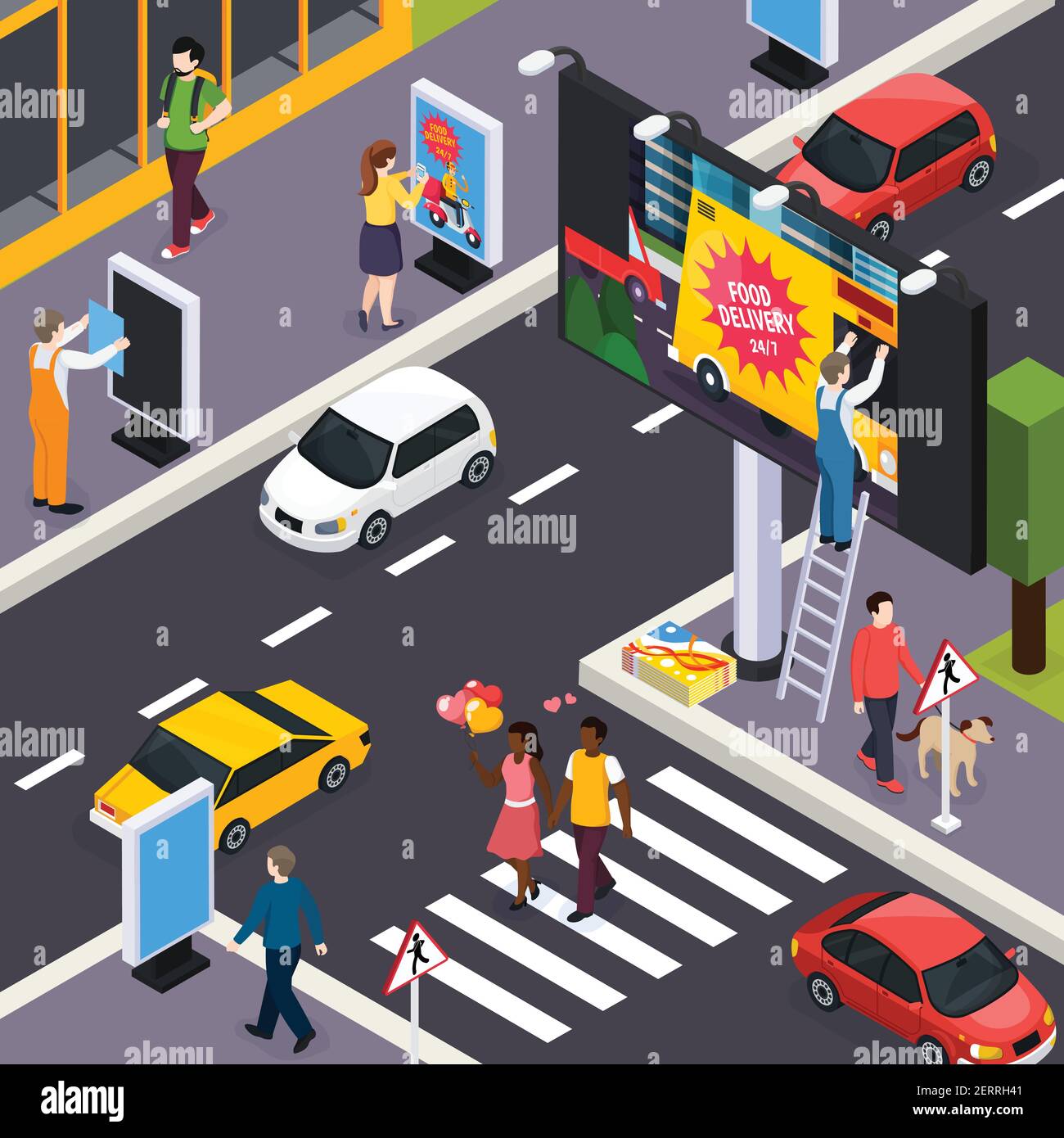 Advertising agency installers placing banners posters signs within busy ...