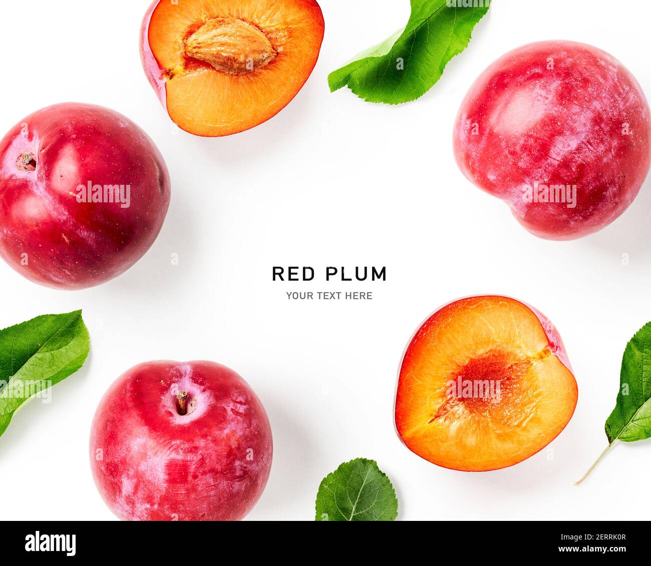 Red plum fruit collection and creative pattern isolated on white ...