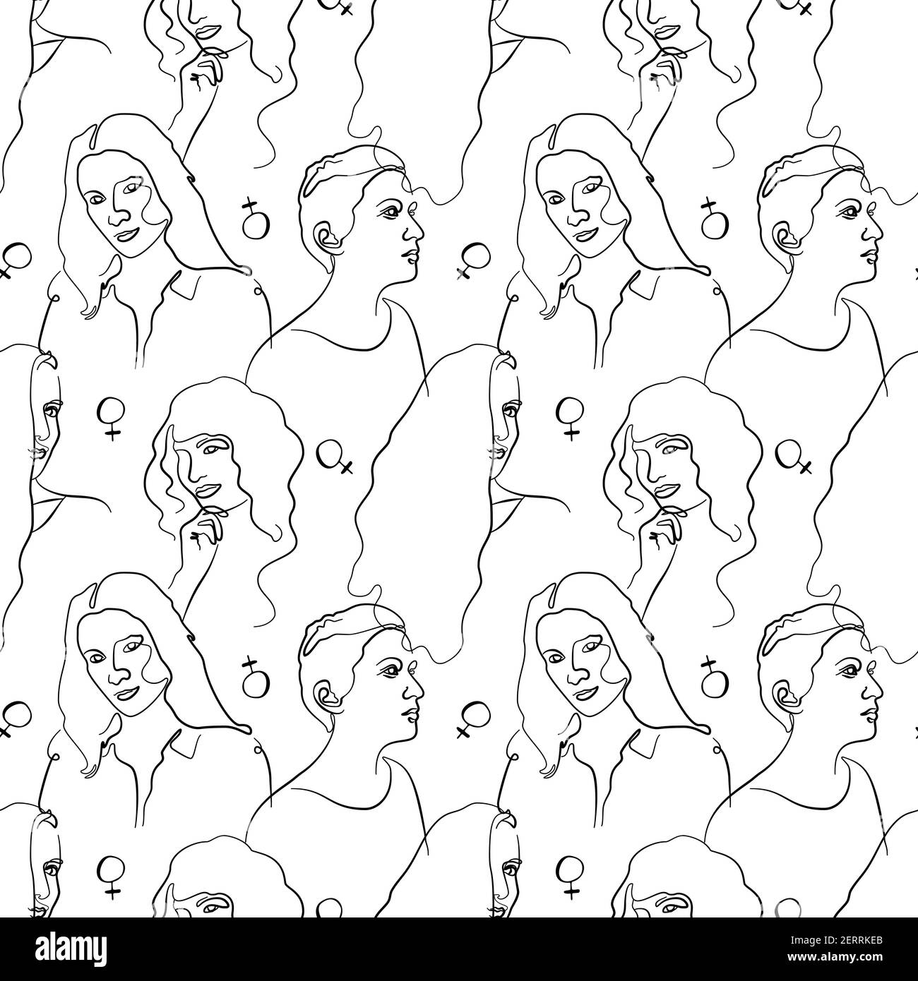 Seamless pattern with single line drawing of woman portrait with planet ...