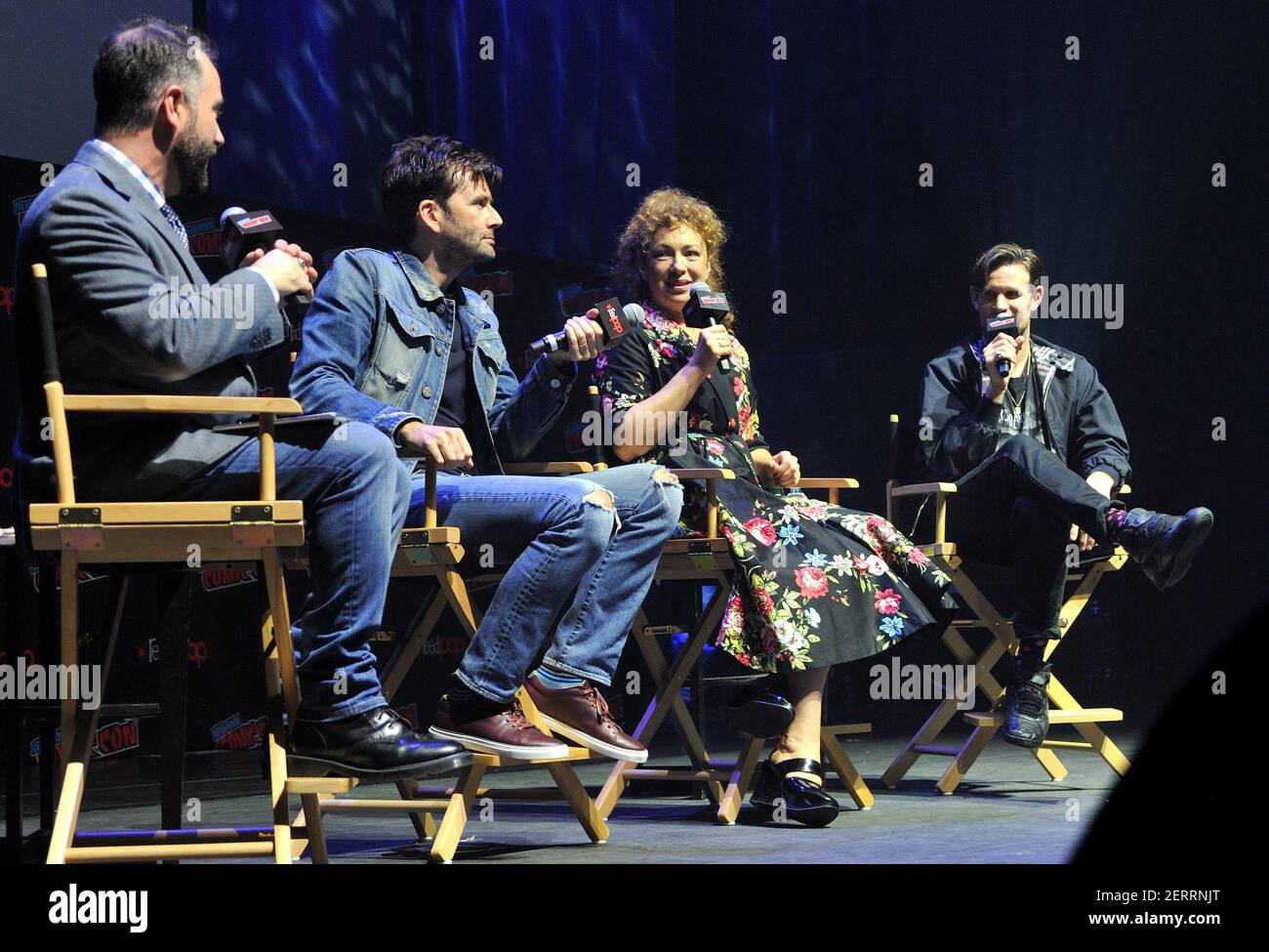 L-R: Moderator Aaron Sagers and actors David Tennant, Alex Kingston and ...