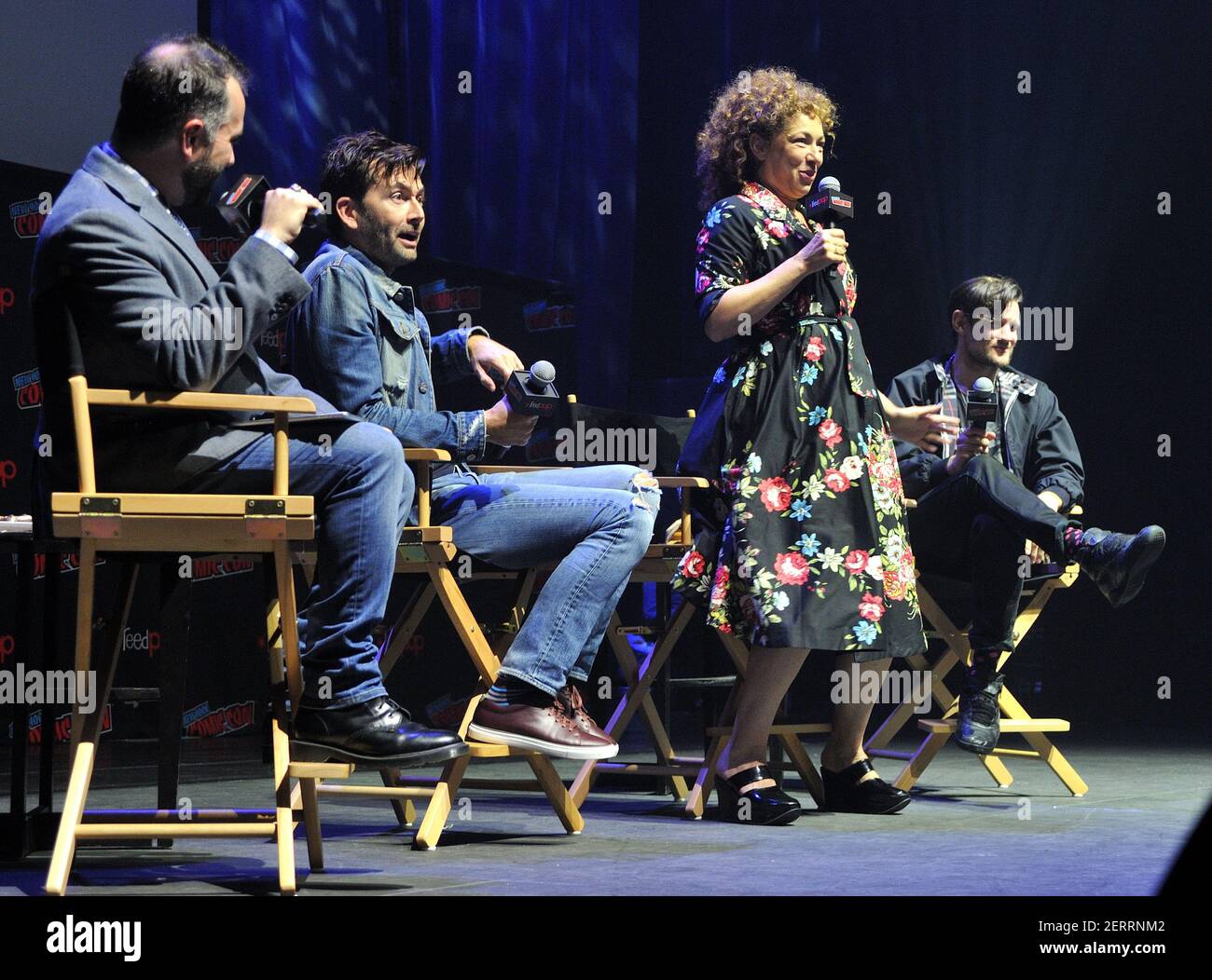L-R: Moderator Aaron Sagers and actors David Tennant, Alex Kingston and ...