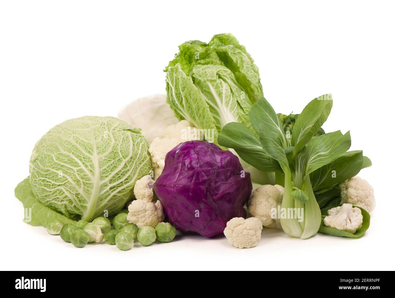 Mix of cabbages on white background: white cabbage, red cabbage, Savoy ...