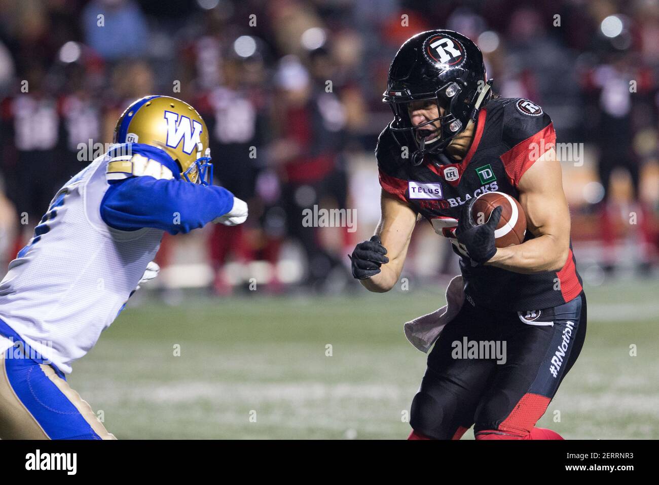 October 05, 2018: Ottawa Redblacks Brad Sinopoli (88) runs after a catch defended by Winnipeg ...