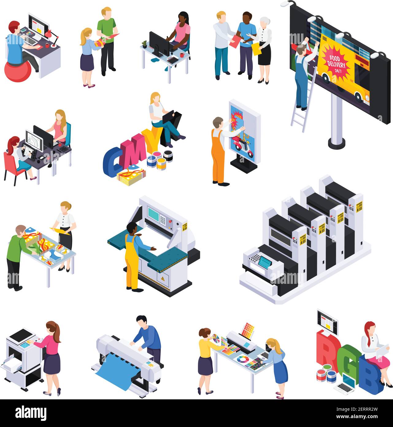 Advertising agency production isometric elements set with ads designers ...
