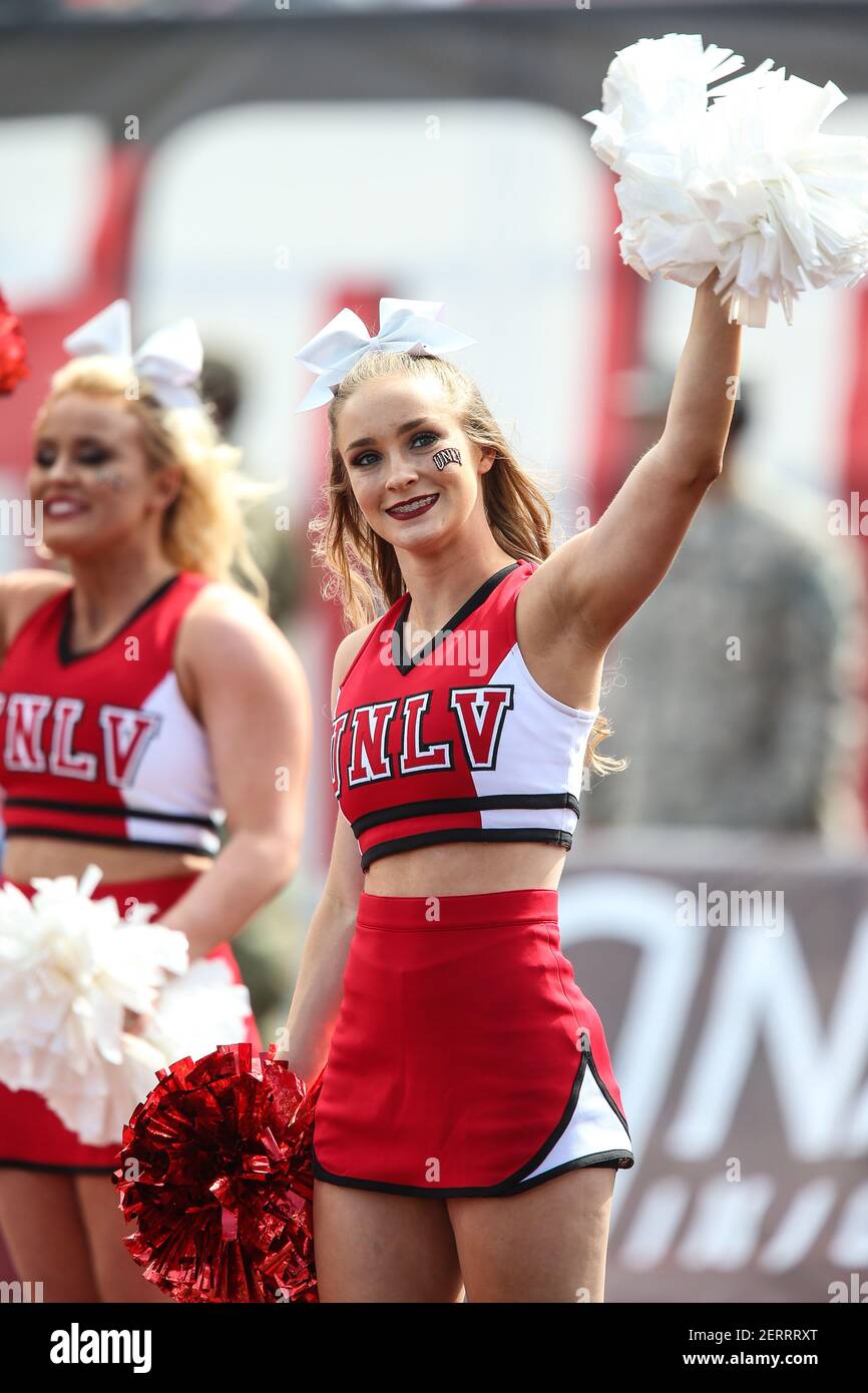 October 6, 2018: A UNLV Rebels cheerleader performs during warms-up ...