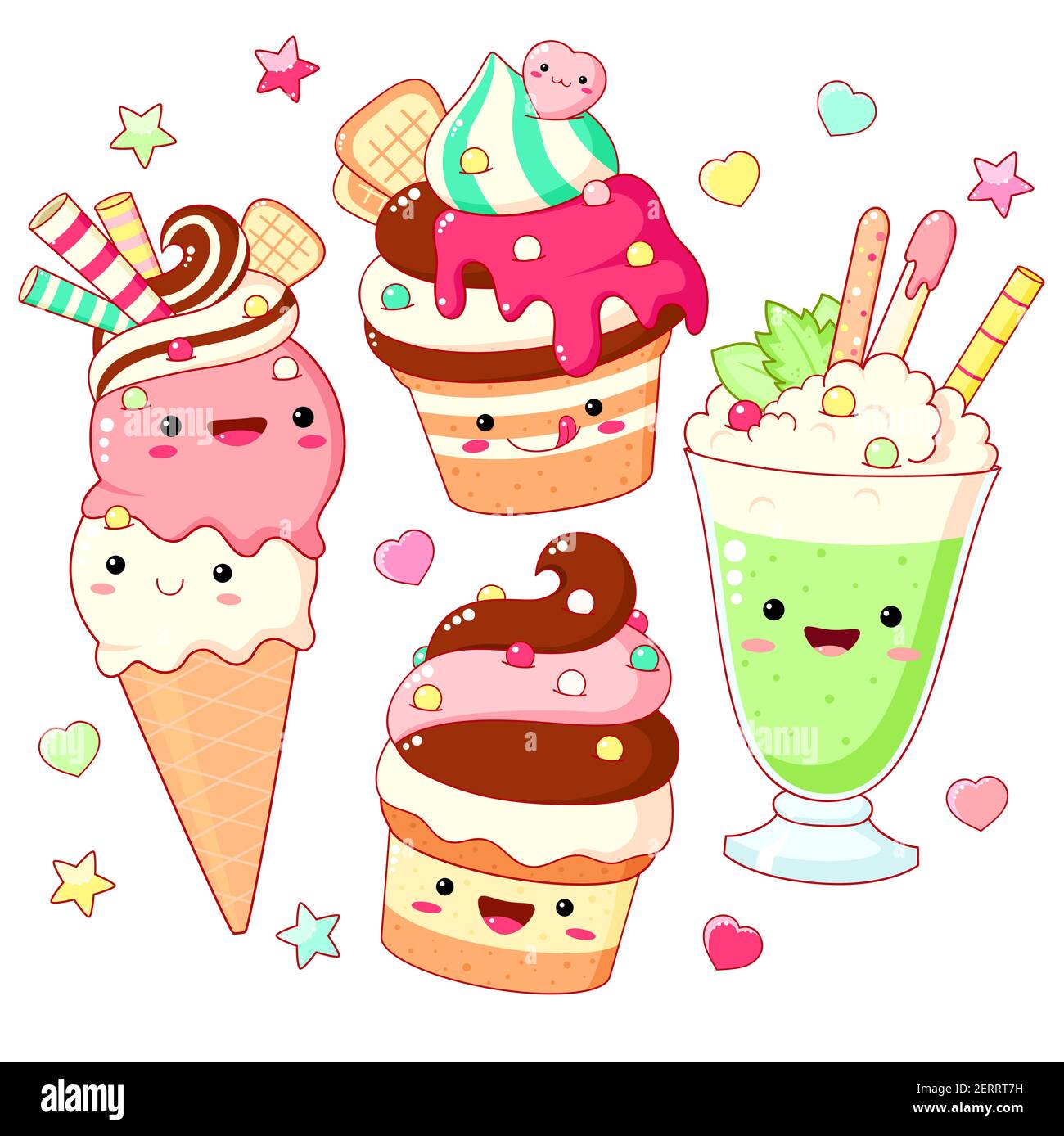 Set of cute sweet icons in kawaii style with smiling face and pink ...