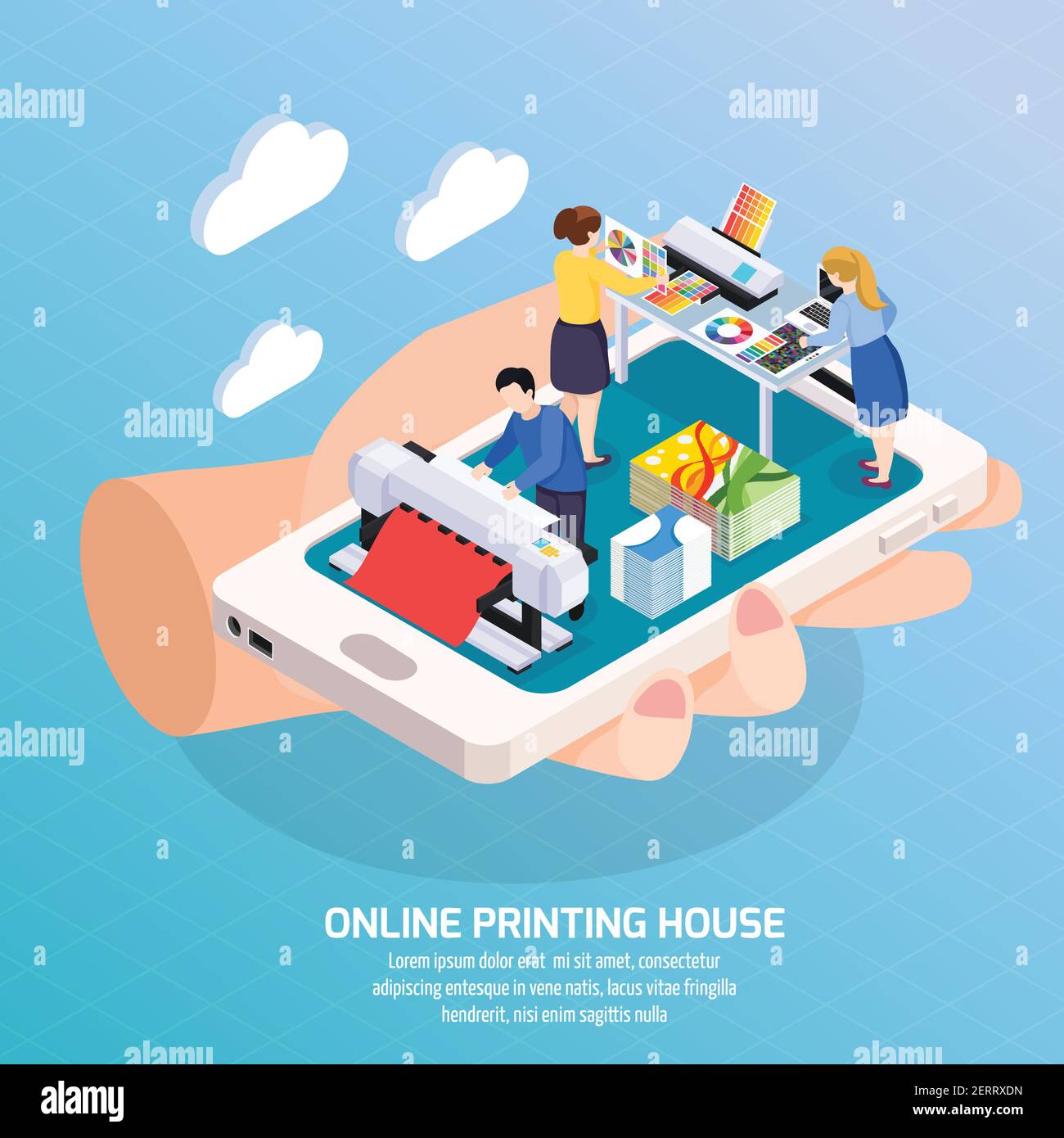 Advertising agency online isometric composition with printing house on ...